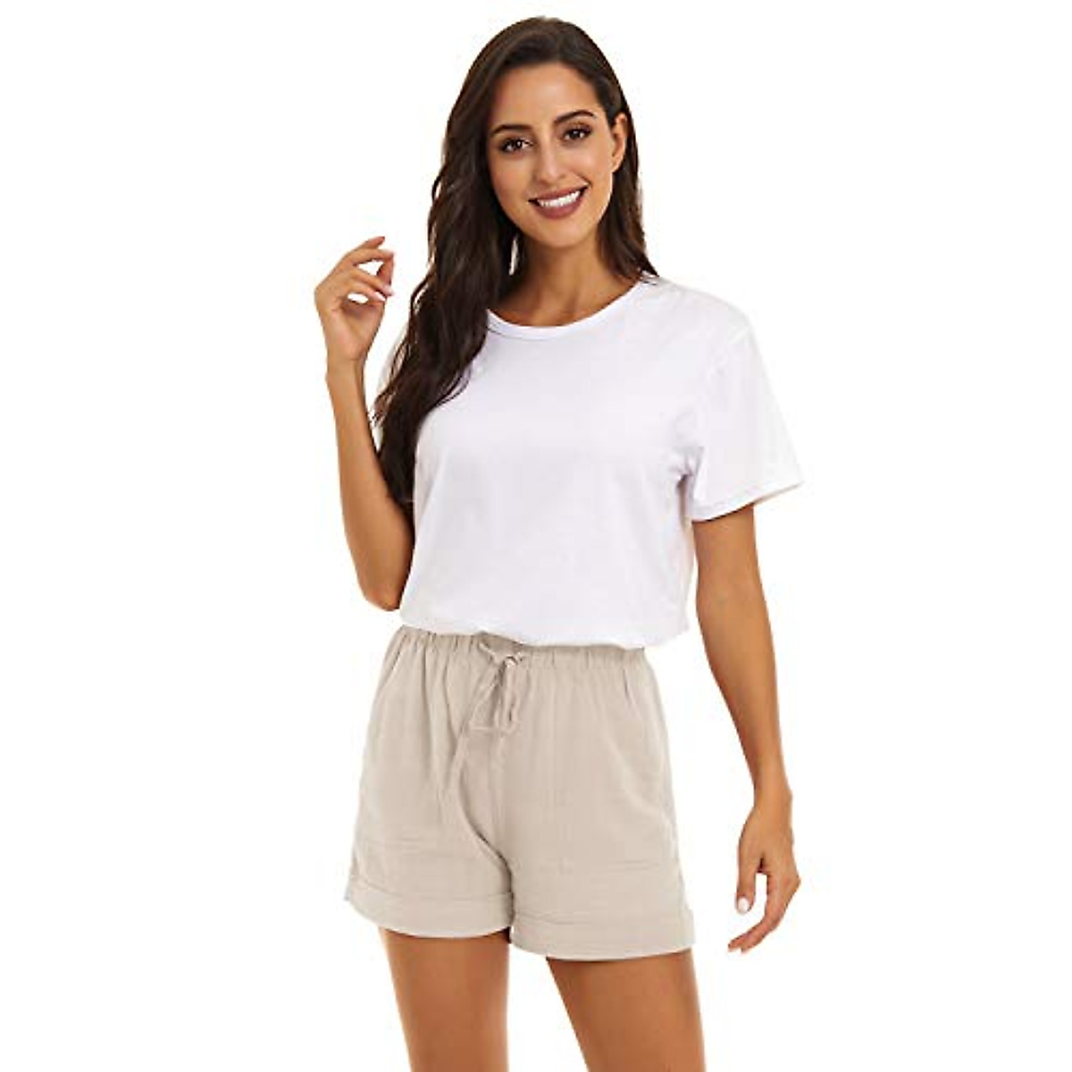 KINGFEN Womens Shorts Casual Lounge Cotton Shorts Casual for Summer Mid Rise Elastic Waist Linen Beach Pull On Comfy Drawstring Stretchy Short with Pockets Beige Medium