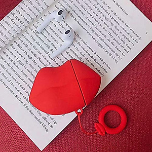 Rertnocnf Compatible with Earbuds Case Airpods 1 & 2, Creative 3D Lips Design Personality Red Lip Portable Accessories Soft Silicone Protective Wireless Earphone Charging Case with Ring Decoration