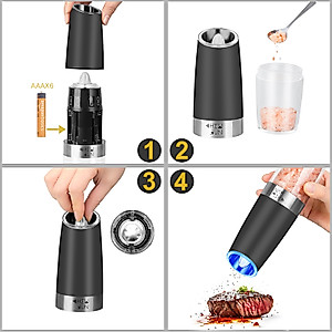 Gravity Salt and Pepper Grinder Set with Adjustable Coarseness Automatic Pepper and Salt Mill Set Battery Powered with Blue LED Light,One Hand Operated,Brushed Stainless Steel by CHEW FUN