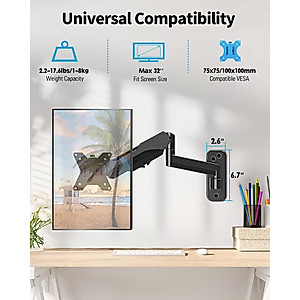 MOUNTUP Single Monitor Wall Mount for Max 32 Inch Computer Screen, Fully Adjustable Gas Spring Monitor Arm, Wall Mounted Monitor Holder Support 2.2-17.6lbs Display, VESA Bracket Fit 75x75mm, 100x100mm