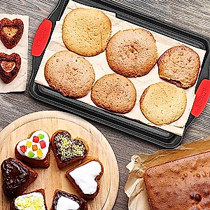 Nonstick Cookie Sheet Pan Carbon Steel Oven Tray Sheet Pan with Red Silicone Handles -Medium Bakeware Pan Tray with Gray Coating Inside & Outside
