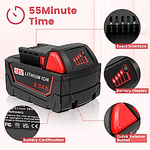 18V 6.0AH Capacity Battery - Replacement for M18 Battery Compatible with Milwaukee Battery Tools and Charger 48-11-1850 48-11-1852 48-11-1850R 5.0Ah 48-11-1840 4.0Ah 48-11-1828 3.0Ah 48-11-1820