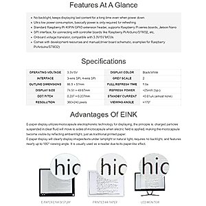 Waveshare 3.52inch E-Paper HAT Compatible with Raspberry Pi 4B/3B+/3B/2B/B+/A+/Zero/Zero W/WH/Zero 2W Supports Jetson Nano 360 × 240 Resolution SPI Interface Black/White Dual Colors