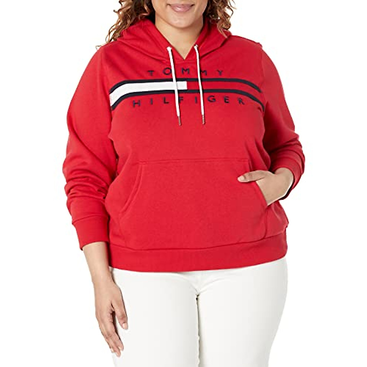Tommy Hilfiger Women's Plus Casual Soft Long Sleeve Hoodie, Scarlet