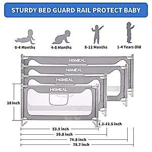 HOMEAL Toddlers Bed Rail for King Bed, Upgrade Toddler Bed Rails, Extra Long Baby Bed Rail Guard, Baby Bedrail for Children for Twin Queen & King Size Bed Mattress(Grey, for King Bed, 2Pack)
