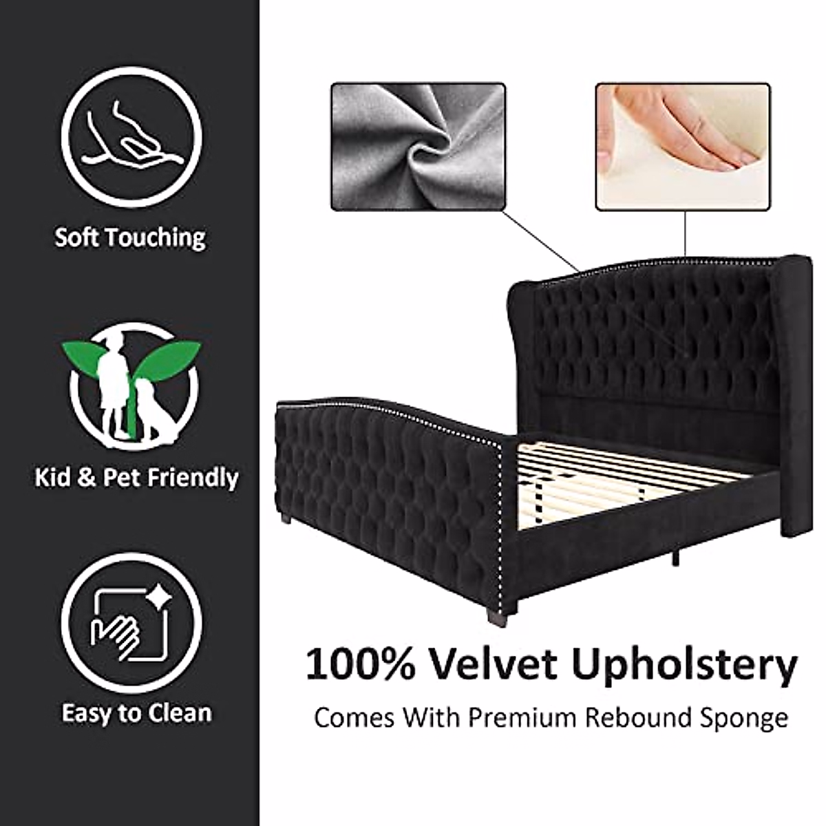 AMERLIFE Queen Size Platform Bed Frame, Velvet Upholstered Bed with Deep Button Tufted & Nailhead Trim Wingback Headboard/No Box Spring Needed/Black