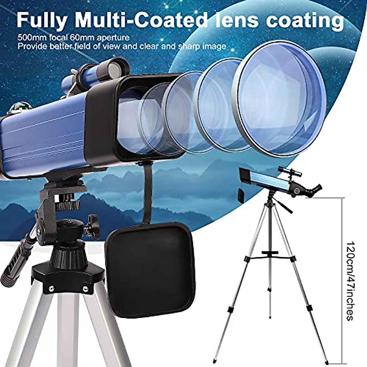Telescope for Kids Adults Refractor Astronomy Telescope Watching The Moon, Bird Watching, Viewing The Natural Scenery,Watching The Animals with Adjustable Tripod Smartphone Adapter