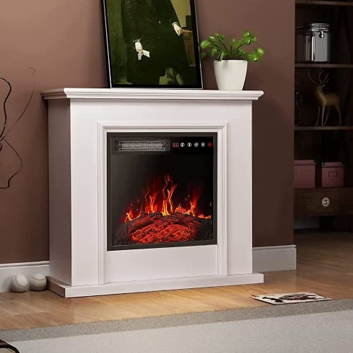 BOSSIN 32" Electric Fireplace Mantel with 18 inch 1500W Electric Fireplace Insert, Package Freestanding Fireplace Heater,White Wooden Firebox Faux Log & Led Flames, Touch Screen &Remote Control