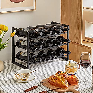 IBUYKE Wine Rack, Stackable Wine Storage Shelf, Liquor Bottle Holders, 3 Tier for 12 Bottles, Inserts for Cabinet, Countertop, Pantry, Bar, Small Space, Study Steel Water Bottle Organizer TMJ906H