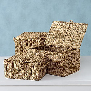 Cape Cod Wicker Trunks, Set of 3, Chunky Weave, Woven Seagrass, Carry Handles, Attached Lid With Loop Over Closure, Storage and Blanket Chests, 19.75 Inches, 15.75 Inches, and 11.75 Inches