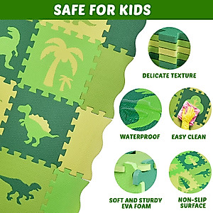 Dino Baby Foam Play Mat, 36 PCS Soft Thick Non-Toxic EVA Interlocking Foam Floor Tiles with Fence, Cute Dinosaur Crawling Puzzle Mat for Toddlers Activity Room Décor