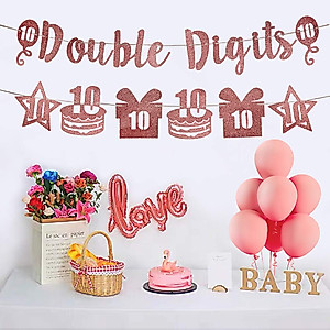 Excelloon Double Digits 10th Birthday Banner Decorations for Girl, Rose Gold Glitter 10 Year Old Happy Birthday Party Supplies, Perfect for Ten Years Birthday Party Decoration Sign