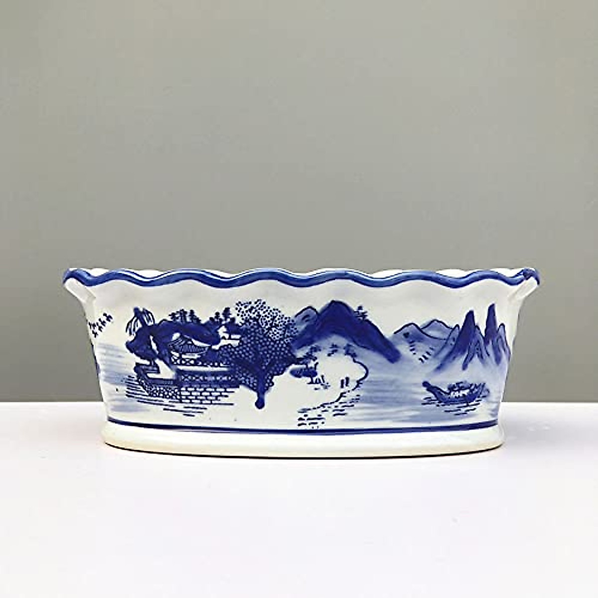 MADBLR7 Ceramic Plant Pots Oval Small Bonsai Flower Pot Ruffled Blue and White Porcelain Indoor Window Sill Micro Landscape Succulent Large Flower Pot