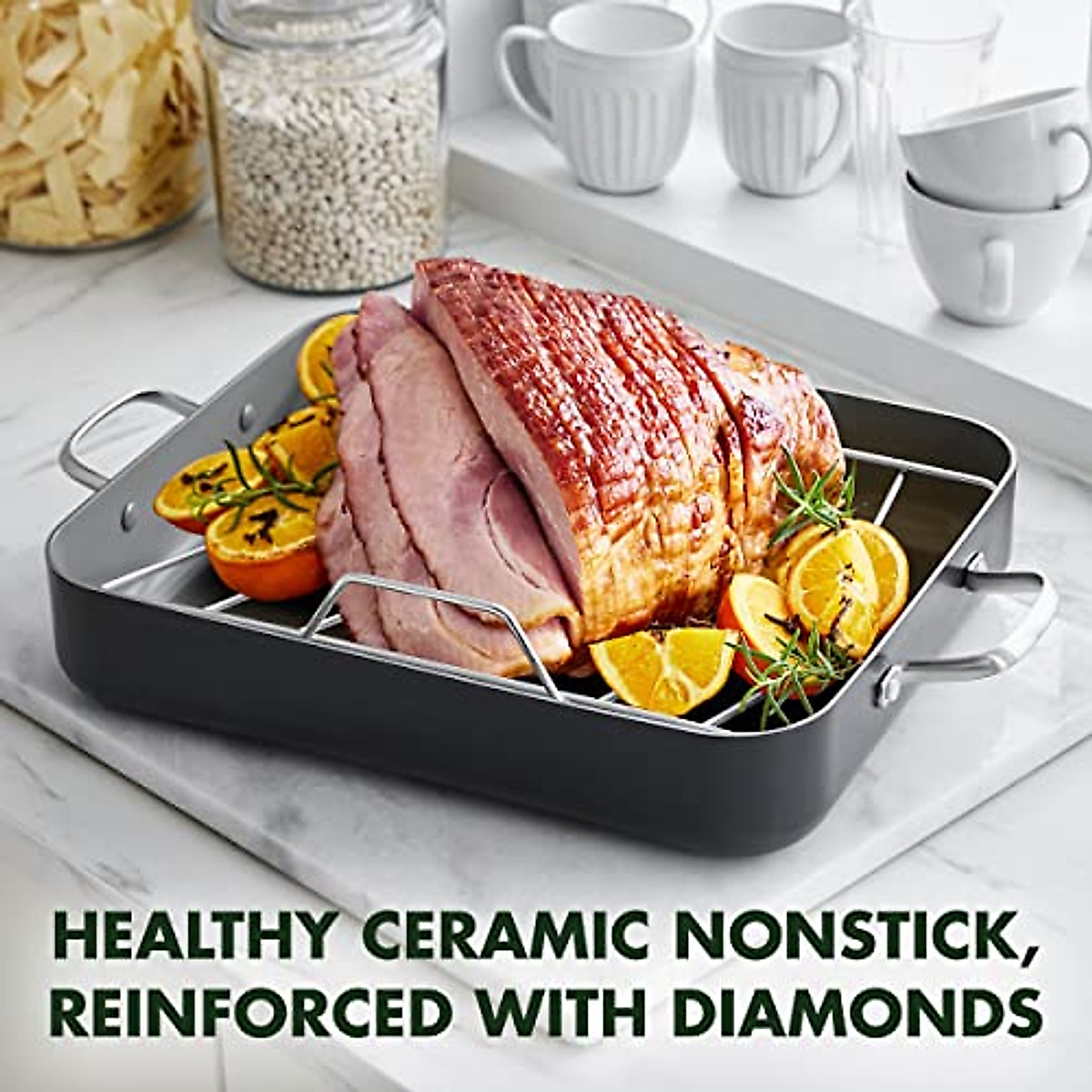 GreenPan Chatham Hard Anodized Healthy Ceramic Nonstick, 16" x 13" Roasting Pan with Roaster Rack, PFAS-Free, Dishwasher Safe, Oven Safe, Gray