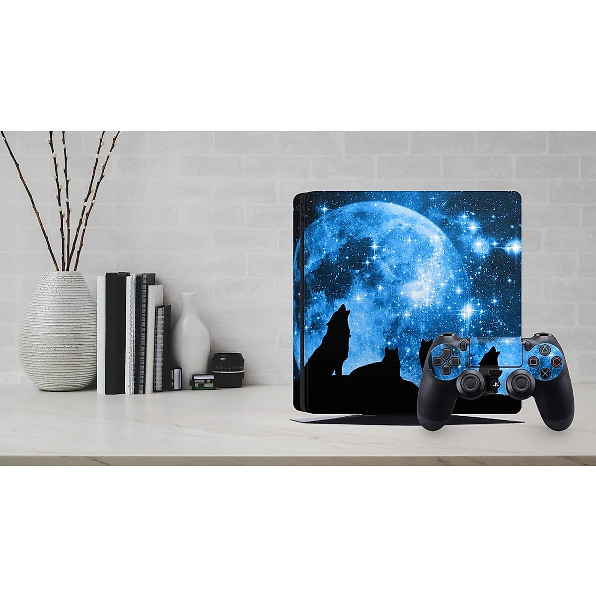 ZOOMHITSKINS PS4 Slim Skin, Compatible for Playstation 4 Slim, Black Wolf Pack Sky Moon Blue Devour Star, 1 PS4 Slim Console Skin 2 PS4 Slim Controller Skin, Durable & Fit, 3M Vinyl, Made in The USA