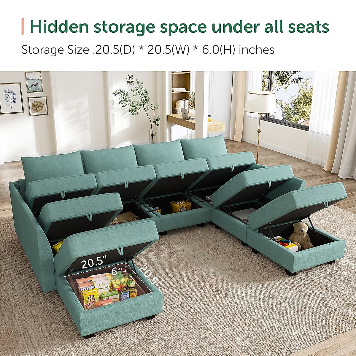 HONBAY Modular Sectional Couch with Storage Modern Modular Couch U Shaped Sectional Sofa for Living Room, Aqua Blue