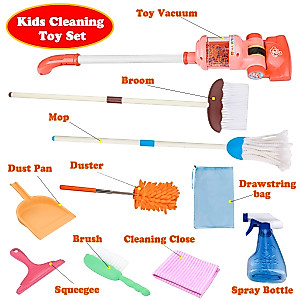 Meland Kids Cleaning Set - 8Pcs Toddler Broom and Cleaning Set with Toy Vacuum Cleaner, Pretend Play Children House Cleaning Toys, Christmas Birthday Gift for Girls Boys