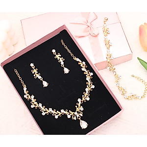 3Pcs Austrian Crystal Jewelry Set for Women, Necklace Dangle Earrings Link Bracelet with Gold/Platinum/Gun Plated, Wedding Party Bridal Bridesmaid (White-Gold Plated)