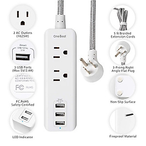 Power Strip with 3 USB Charging Ports(15W/3.1A) and 2 Outlets, Desktop Charging Station with 5 Foot Braided Extension Cord, Right Angle Flat Plug, Small for Travel Hotel, Cruise Ship, Home and Office