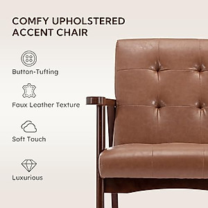 Bonzy Home Mid Century Modern Accent Chair for Living Room, Upholstered Faux Leather Armchair Comfy Retro Bedroom Side Chair with Solid Wood Frame, Orange
