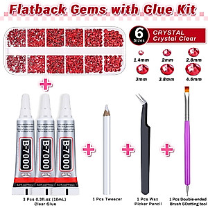 Audab Red Rhinestone with B7000 Adhesive Glue for Craft, 2100Pcs Flat Back Rhinestones Crystal Gems with Dotting Tools Clear Craft Glue for Clothes Fabric Shoes Jewelry Making Nail Art Makeup