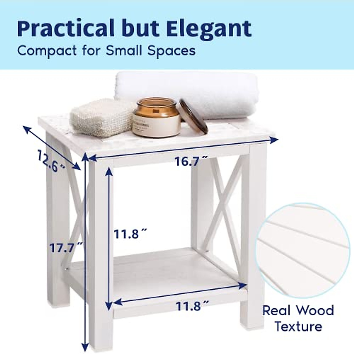 Shower Bench Waterproof - Bathroom Stool with Storage Shelf - Wood Style Bathroom Bench - Small Shower Stool for Shaving Legs - Non-Slip Adjustable Feet - Shower Seat Doubles as a Corner Shower Stool