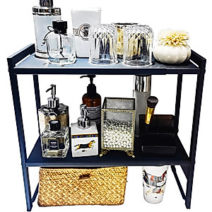 Urhomey plus 2 Tier Expandable Cabinet Shelf Organizer Bathroom Kitchen Counter Shelf 35LBS Sink Shelf Riser Countertop Storage Black