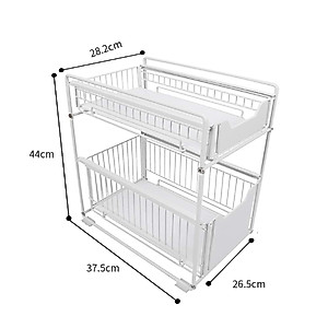 Warmiehomy Under Sink Organizers and Storage,2 Tier Sliding Metal Drawer Seasoning Shelf Storage,Pull Out Cabinets Organizer Shelf for Kitchen/Pantry/Bathroom/Office (White) (37.4×26.5×44cm