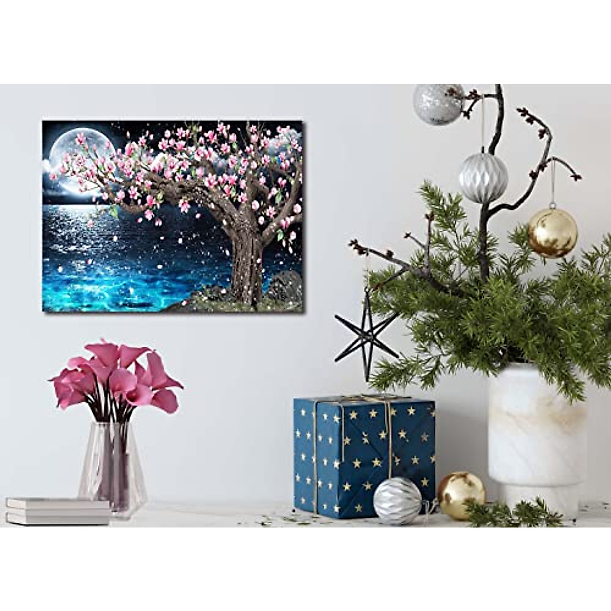 Magnolia Tree Wall-Art For Bedroom - Pink And Blue Wall Decor - Moon Framed Canvas Art Picture 16" x 12"