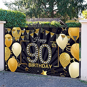 Happy 90th Birthday Backdrop Banner Extra Large Black and Gold 90th Birthday Photo Booth Backdrop Photography Background Happy 90th Birthday Party Decorations for Women and Men, 72.8 x 43.3 Inch