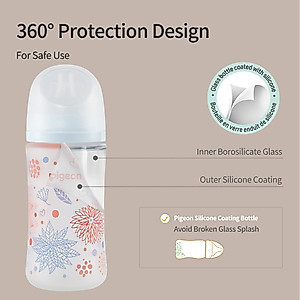 Pigeon Silicone Coating (Glass Inside/Silicone Outside) Nursing Bottle, Wide Neck, Streamlined Body, Natural Feel, Easy to Clean, Heat-Resistant, Flowers, 8.1 Oz