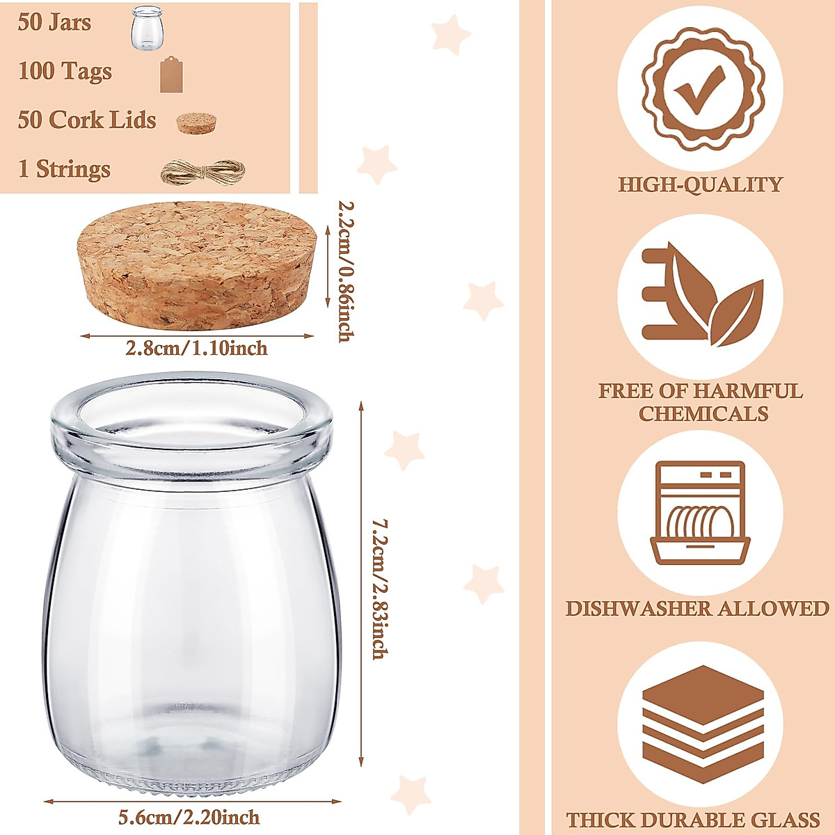 Suclain 50 Pack Glass Favor Jars with Cork Lid 3.4 oz Small Glass Bottles Jars with 100 Labels 50 Gift Bags Twine Mini Candy Containers for Wedding Favors Pudding Honey DIY Projects