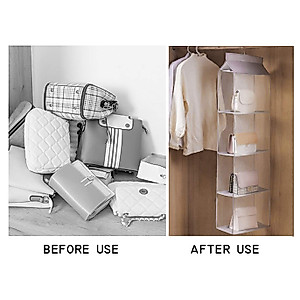 AARAINBOW Hanging Clear Handbag Purse Organizer for Closet, Handbag Organizer with Hook 4 Easy Access Pockets Wardrobe Closet Space Saving Organizers System, 47.2 L x 15.7Wx 6.3D (Gray)