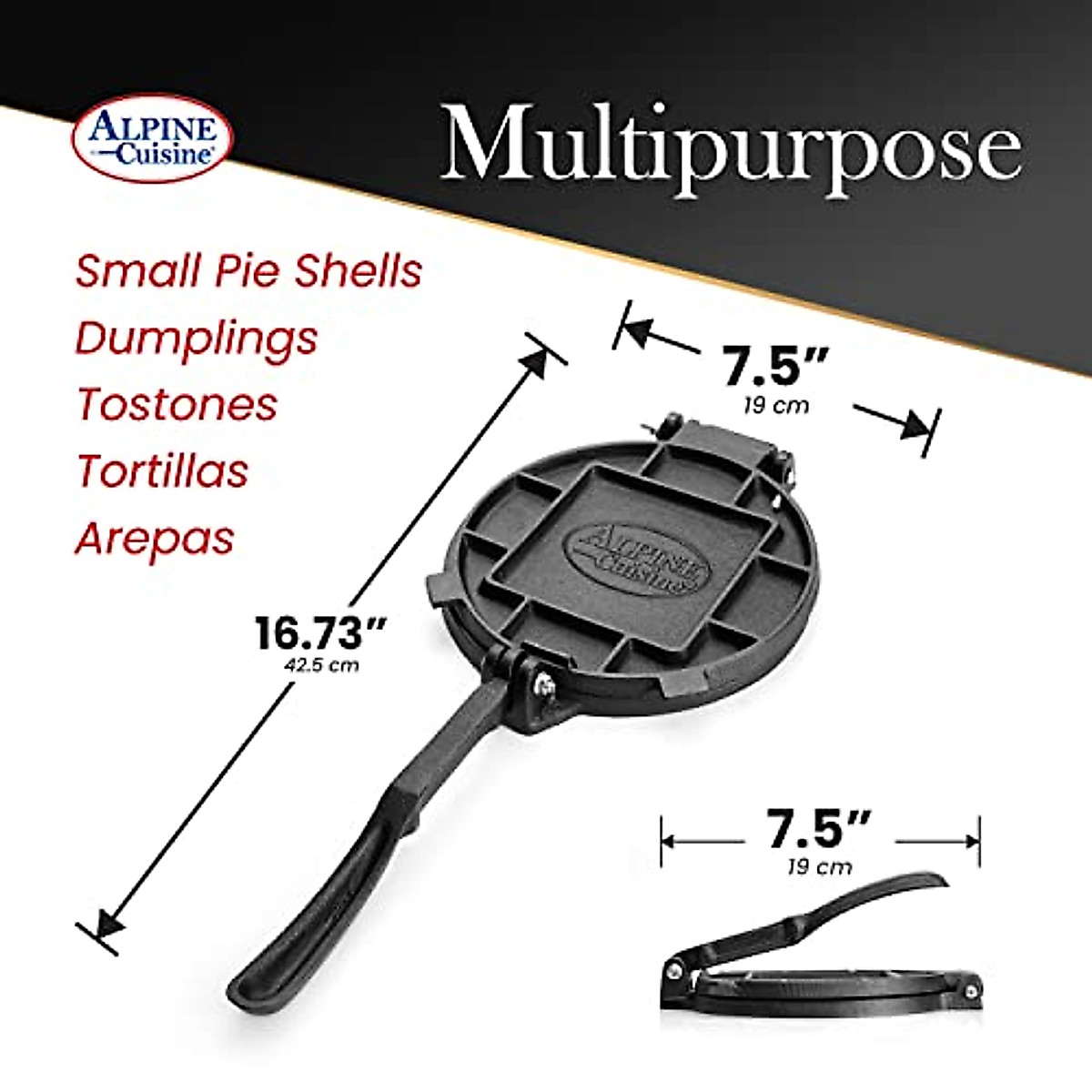 Alpine Cuisine Professional Cast Iron Tortilla Press, 7" Tortilla Maker, Comfortable Handles Allows Perfect Pressure, Heavy Duty Quesadilla Maker - Pataconera for Corn or Flour Tortilla