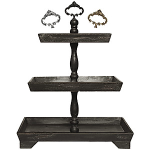 Large Rectangle Rustic Wood Three Tiered Tray, 3 Tier Serving for Coffee Bar, Kitchen Counter, Modern Farmhouse Table Decor, Cupcake Stand, Holiday - Felt Creative Home Goods (Black) with 3 Handles