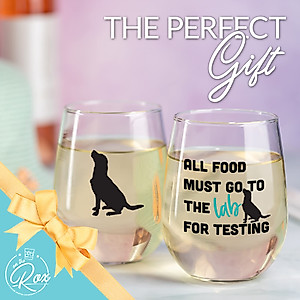 On The Rox Drinks Labrador Gifts for Labrador Lovers- All Food Must Go To The Lab For Testing 15 oz Stemless Wine Glass Set of 2 - Chocolate Lab Wine Glass - Dog Face, Black Labrador Gifts
