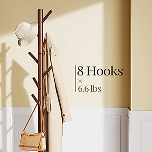 Pipishell Coat Rack, Wooden Coat Rack Stand with 3 Height Options and 8 Hooks, Sturdy Freestanding Coat Rack for Clothes/Bags/Hats, Coat Rack for Home/Office/Entryway/Hallway, PIWCR01, Brown