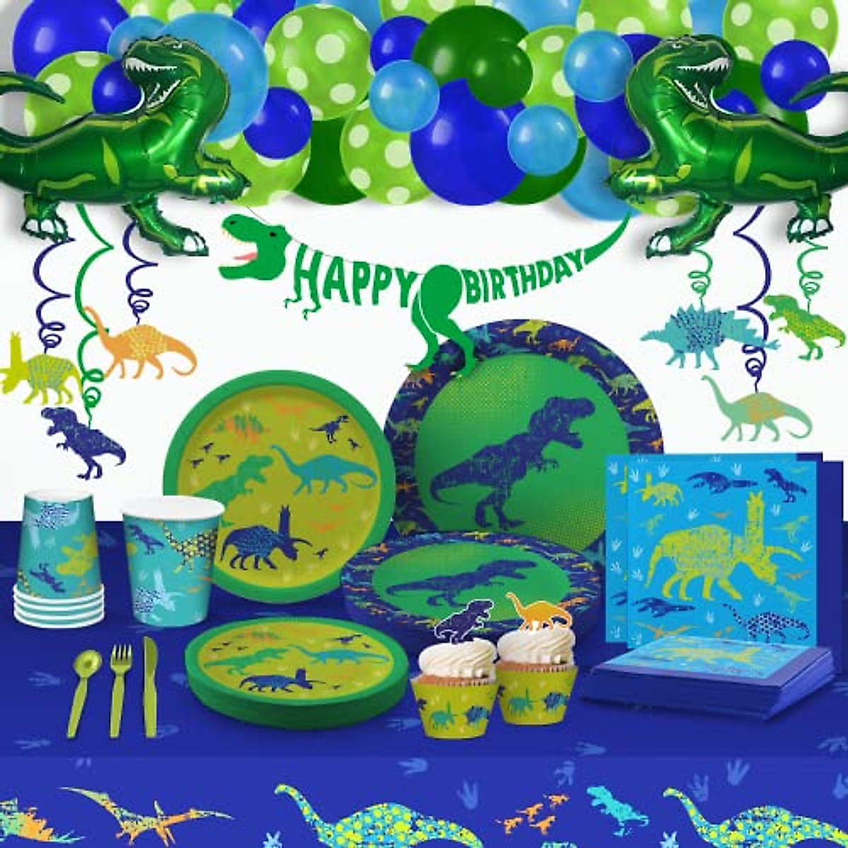 My Greca Dinosaur Birthday Party Supplies – (Serves 20) - TRex Theme Decorations Set - Plates, Cups, Napkins, Cupcake Toppers & Wrappers, Happy Birthday Banner, Table Cover, Balloon Garland Kit
