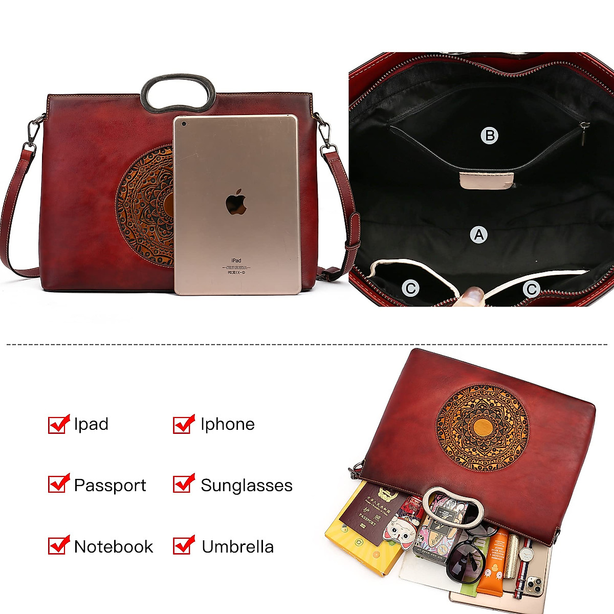 Genuine Leather Handbags for Women, Organizer Crossbody Bag Large Satchel Vintage Embossing Totem Shoulder Bag (Red)