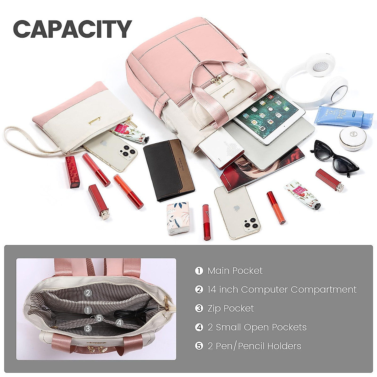 LOVEVOOK Backpack Purse for Women, Convertible Small Backpack Tote for Woman, Mini College Daypack for Work, Daily, Travel, 2pcs set, Beige-Pink