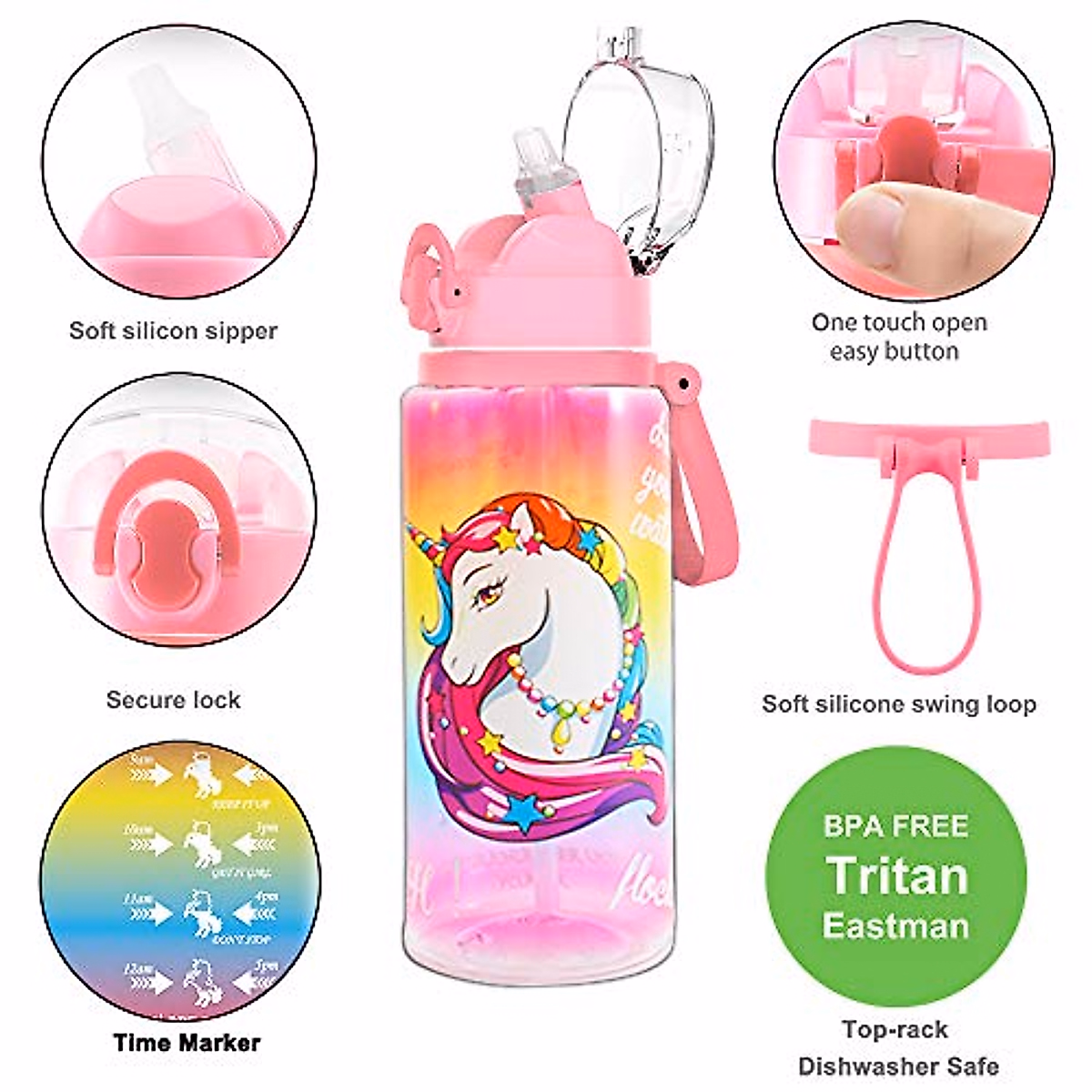Home Tune 23oz Kids Water Drinking Bottle - Tritan BPA Free, Wide Mouth, Auto Flip Cap, Secure Lock, Easy Open, Lightweight, Leak-Proof Time Marker Water Bottle For Girls & Boys - Mermaid
