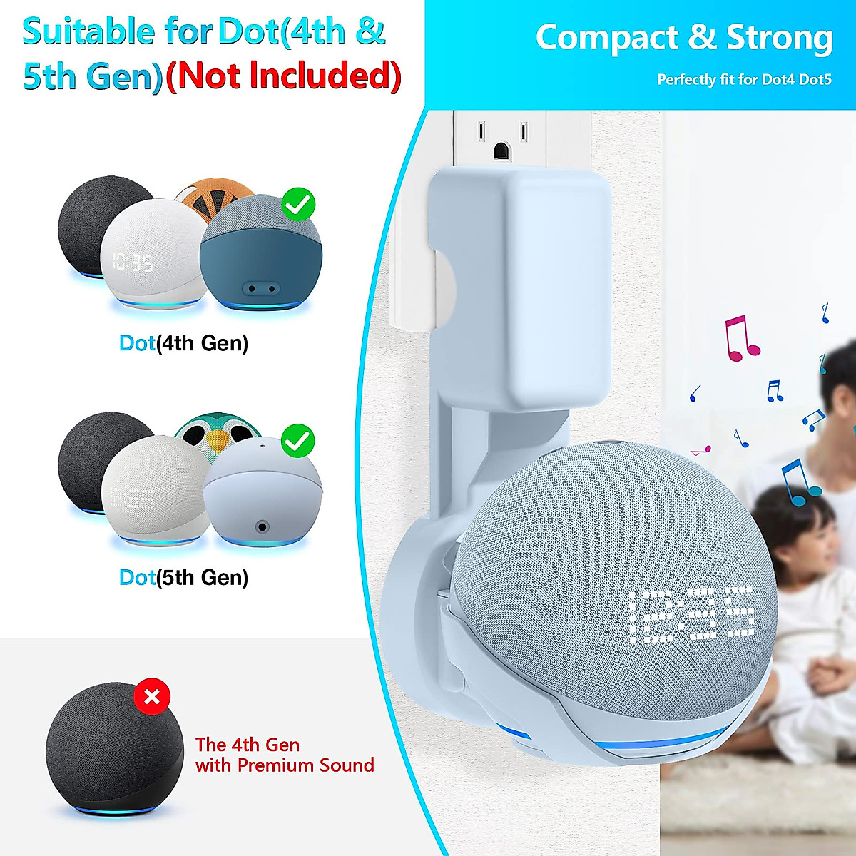 ZUOLACO Wall Mount Holder for Echo Dot 5th Generation, Outlet Hanger Stand for Echo Dot (5th & 4th Gen), Space-Saving Dot Accessories with Built-in Cable Management, Hide Messy Wires, Cloud Blue