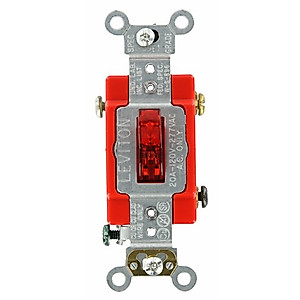 Leviton 1221-7PR 20-Amp, 277 Volt, Toggle Pilot Light, Neutral Single-Pole AC Quiet Switch, Extra Heavy Duty Grade, Self Grounding, Red