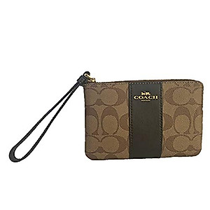 Coach Signature PVC Leather Corner Zip Wristlet F58035 - Khaki/Black, Small