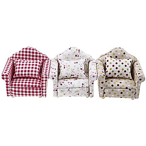 2 Sets 1:12 Scale DIY Dollhouse Sofa&Armchair with Pillow Mini Dolls House Furniture Couch&Chair Miniature Wooden Furniture Handmade Crafts Supplies Red Checkered Dollhouse Toy Dollhouse Accessories