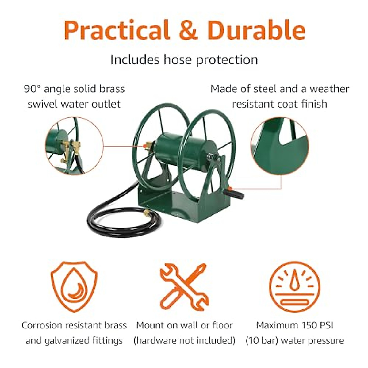 Amazon Basics Wall/Floor Mount Garden Hose Reel with 5-Ft. Leader Hose, Holds up to 200-Feet, Bronze,green