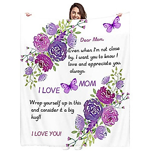 Gifts for Mom, Mom Gifts from Daughter Son, Mom Birthday Gifts, Mother's Day Blanket Gifts for Mom, Soft Warm Purple Flowers Butterfly Flannel Throw Blankets for Mom 60''x50''