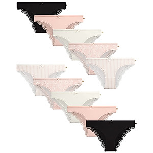 Jessica Simpson Women's Underwear - 10 Pack Seamless Bikini Briefs (S-XL), Size Medium, Floral Print/Gardenia/Stripes/Rose Smoke/Black