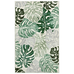 Wonnitar Monstera 3x5 Washable Rug,Sage Green Leaf Area Rugs for Bedroom,Non-Slip Living Room Throw Rug Entry Mat,Low Pile Faux Wool Indoor Carpet for Kitchen Bathroom Office