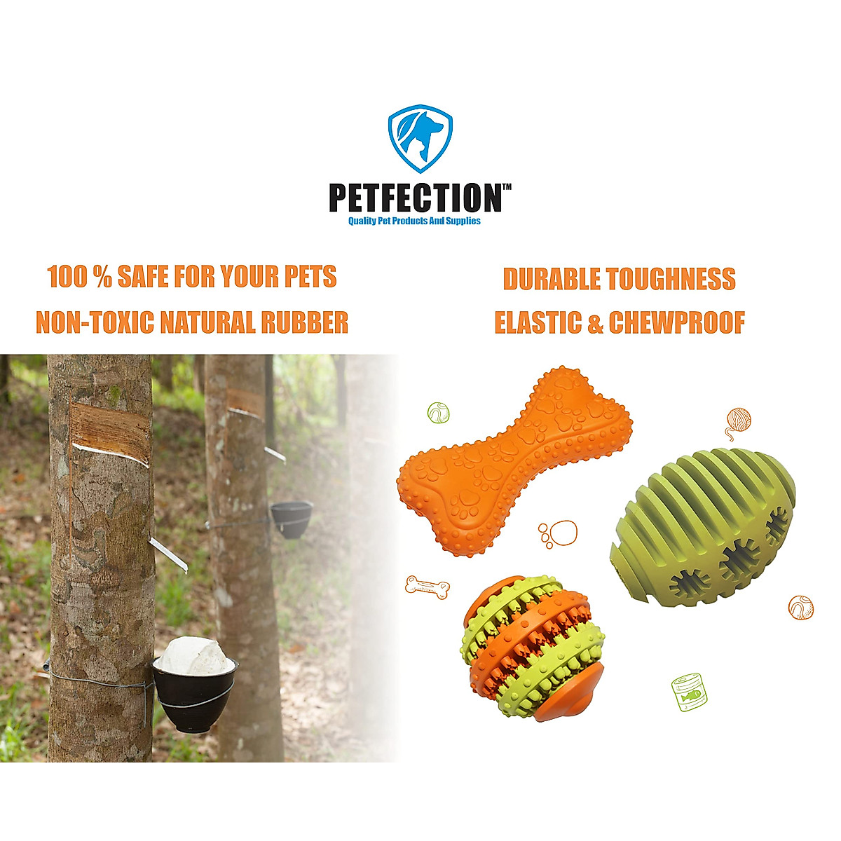 PETFECTION Dog Chew Toys 3 Pack, Dog Toys for Aggressive Chewers Large Breed, Multifunctional Teeth Cleaning and Gum Massage, Tough Dog Toys from 100% Natural Rubber for Large and Medium Dogs